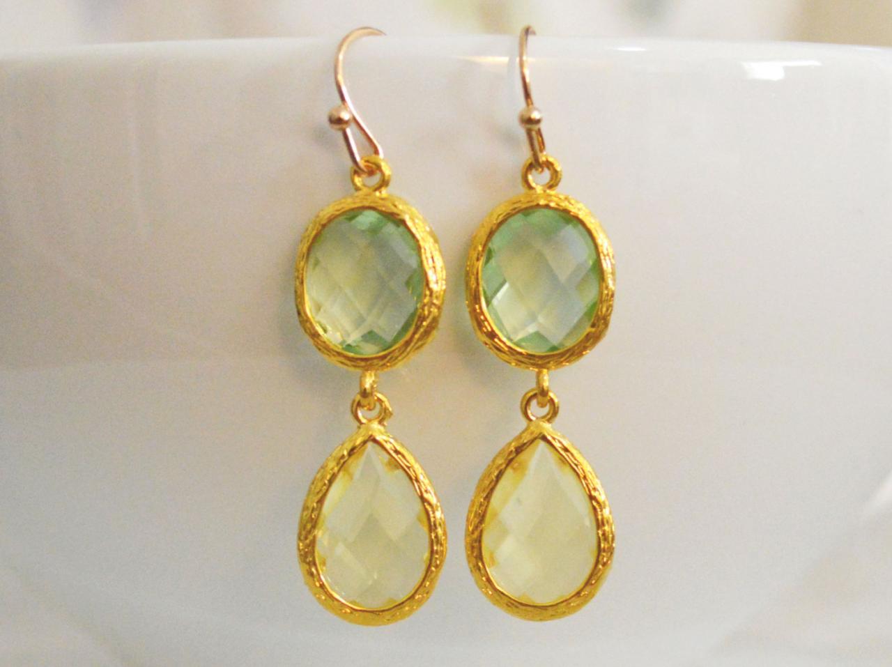 ) B-031 Glass Earrings, Chrysolite & Lemon Yellow Drop Earrings, Dangle ...