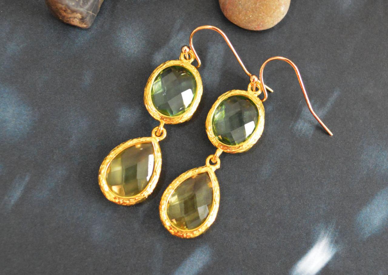 ) B-031 Glass Earrings, Chrysolite & Lemon Yellow Drop Earrings, Dangle ...