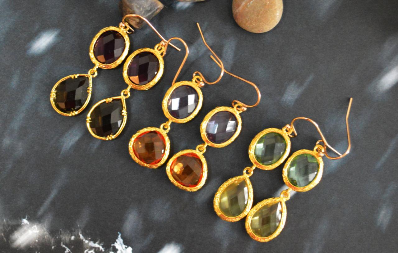) B-031 Glass Earrings, Chrysolite & Lemon Yellow Drop Earrings, Dangle ...