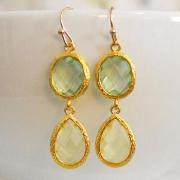 ) B-031 Glass Earrings, Chrysolite & Lemon Yellow Drop Earrings, Dangle ...