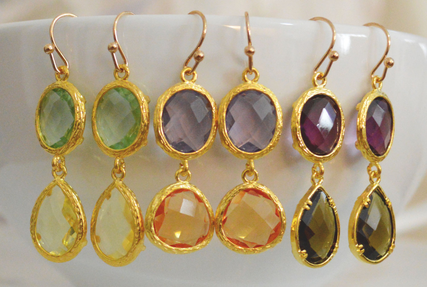 ) B-031 Glass Earrings, Chrysolite & Lemon Yellow Drop Earrings, Dangle ...