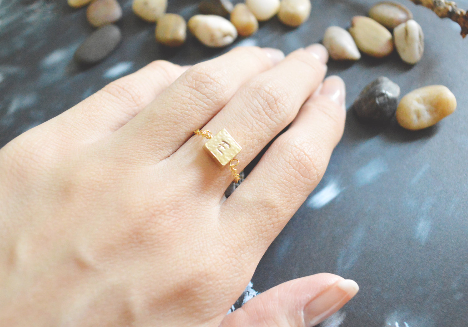 E-043 Hand Stamped Initial Ring, Square Ring, Hammered Ring, Chain Ring ...